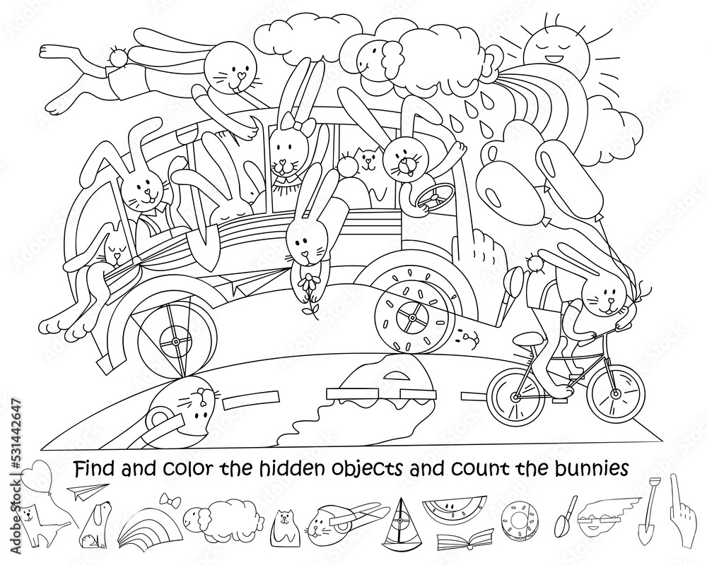 Bunnies travel by bus. Find and color the hidden objects and count the ...