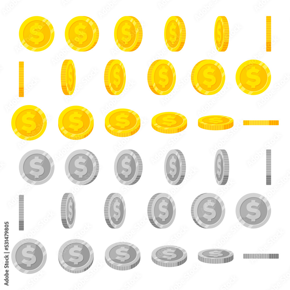 Cartoon coin animation sprites. Gold and silver coins flip and rotate ...