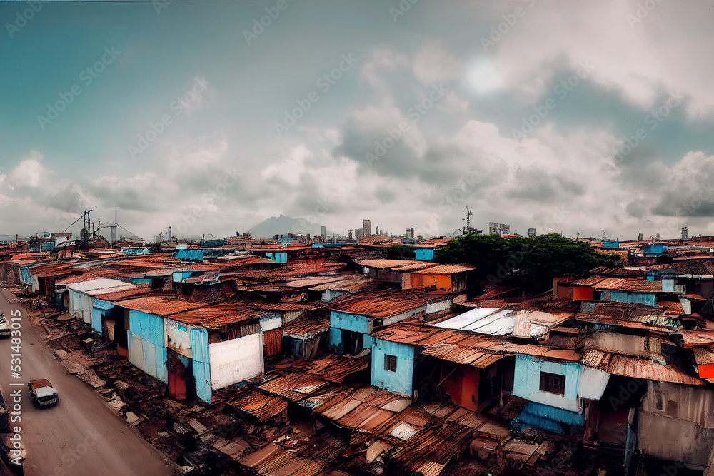Digitally generated image of makeshift shacks in a poverty stricken ...
