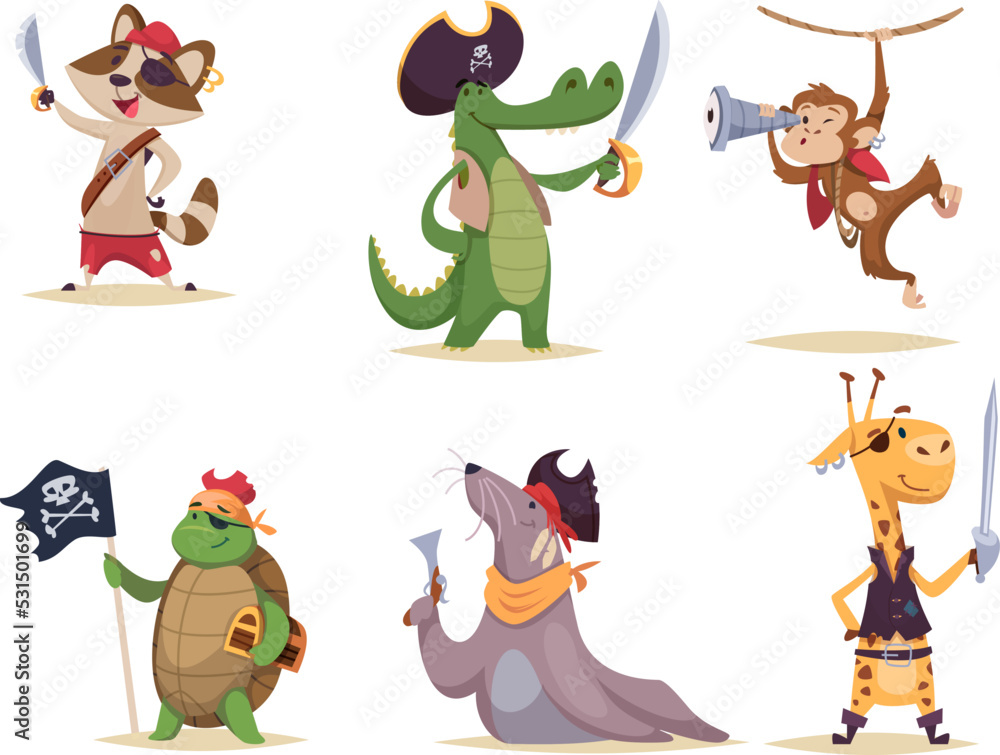 Pirate animals. Wild animals in action poses with pirate attributes ...