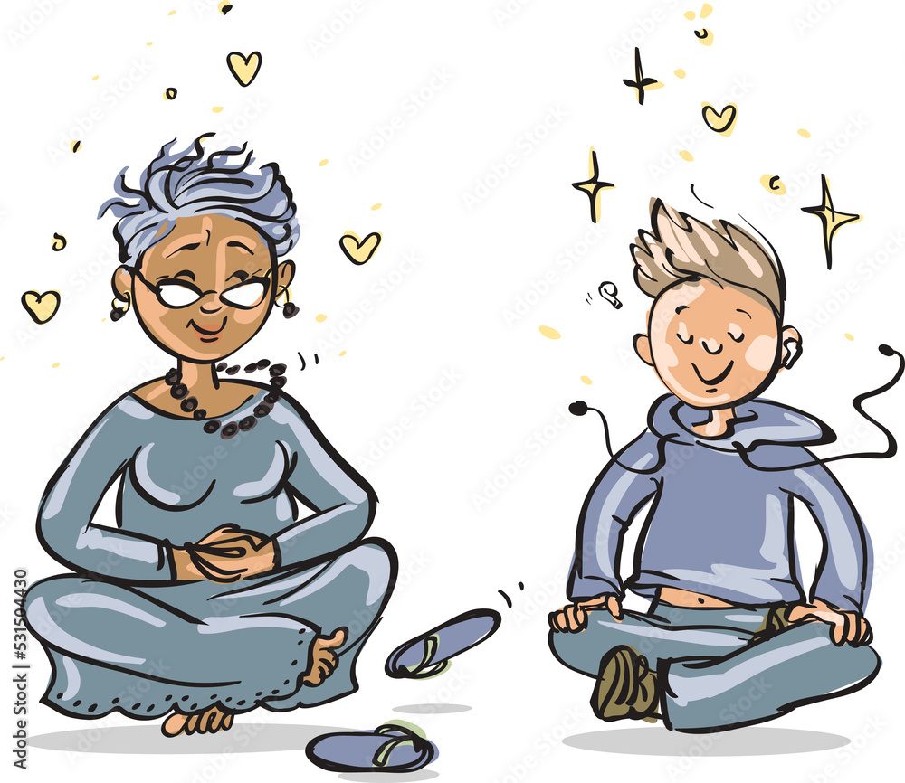 Meditating People. Cartoon vector drawing of a grandmother and her ...