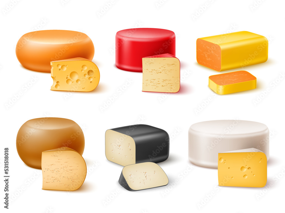 Realistic cheese. Different varieties cheeses, whole circles, blocks ...
