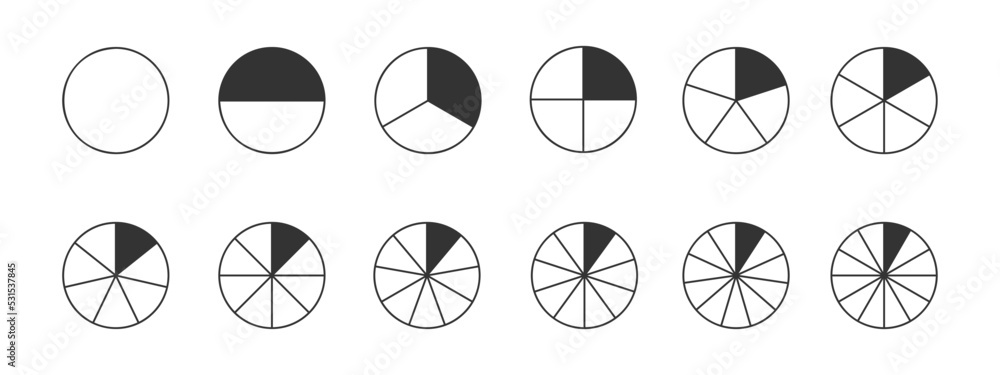 Set of circles divided into sectors from 1 to 12 with one painted part ...