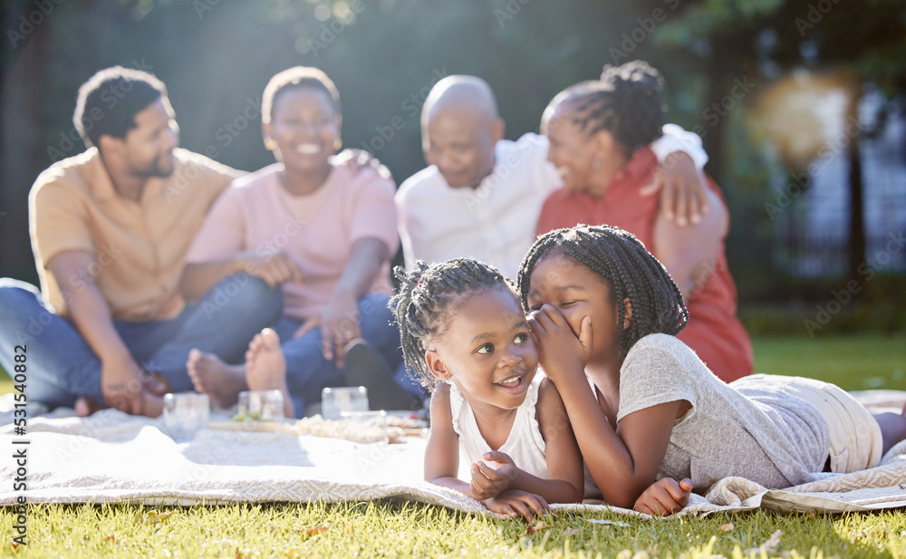 Secret, sister and children with a girl whispering to her sibling and a ...