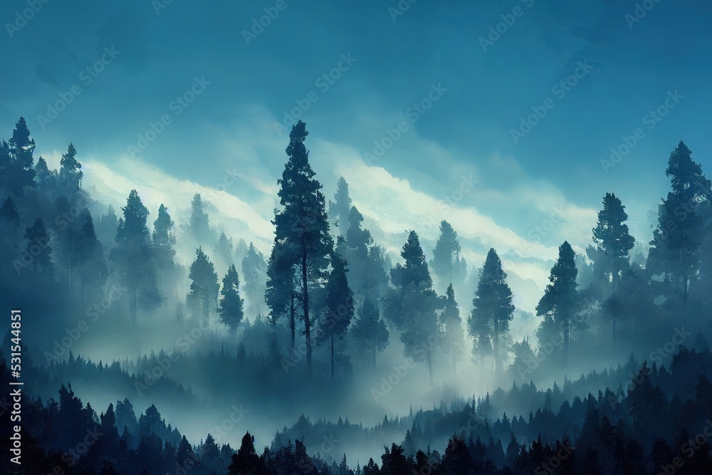 Photograph of fog breaking through forest trees in the Sierra Nevada ...