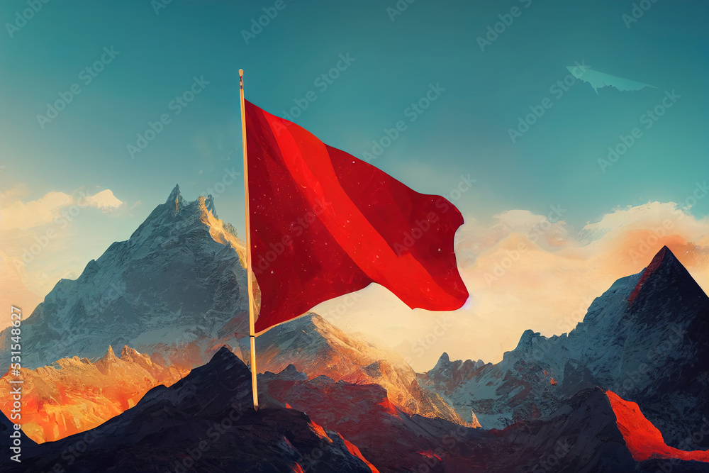 Red flag on a Mountain peak success concept, illustration, realistic style, 8k, nature ...