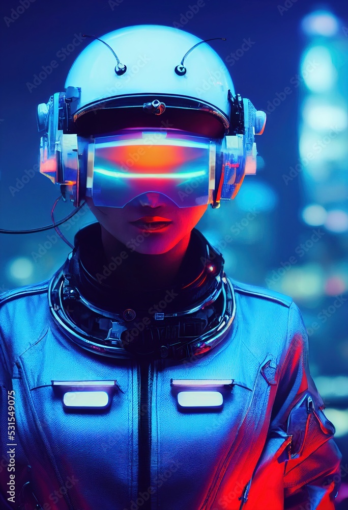 Portrait of a fictional futuristic female pilot in an aviation helmet ...