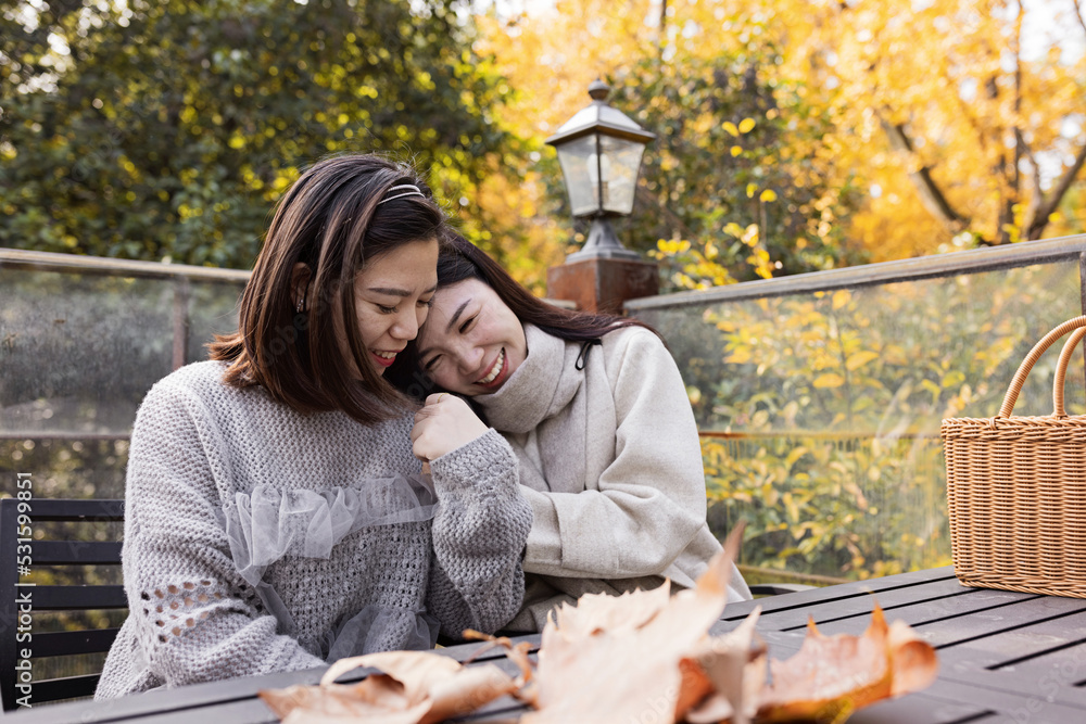 Asian girlfriends having fun together with maple leaves outdoor ...