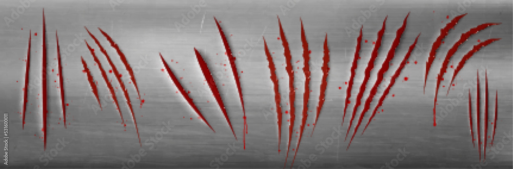 Metal texture with red scratches of wild animal claws. Torn slashes on ...