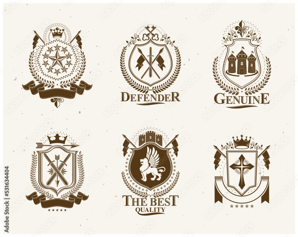 Old style heraldry, heraldic emblems, vector illustrations. Coat of ...