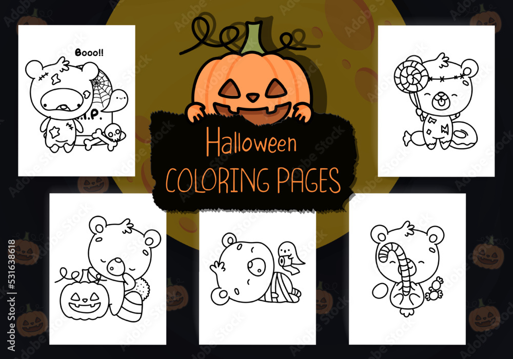 Cute Halloween Coloring Pages Pack. Set of Clipart Halloween Bear for ...
