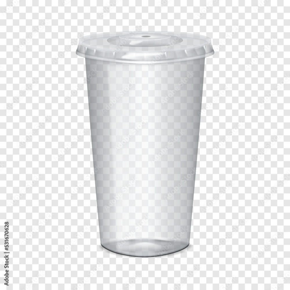 Clear empty plastic cup with flat lid on transparent background ...
