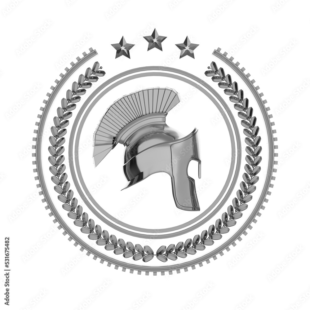 High detailed spartan, roman, greek helmet in laurel wreath badge with ...