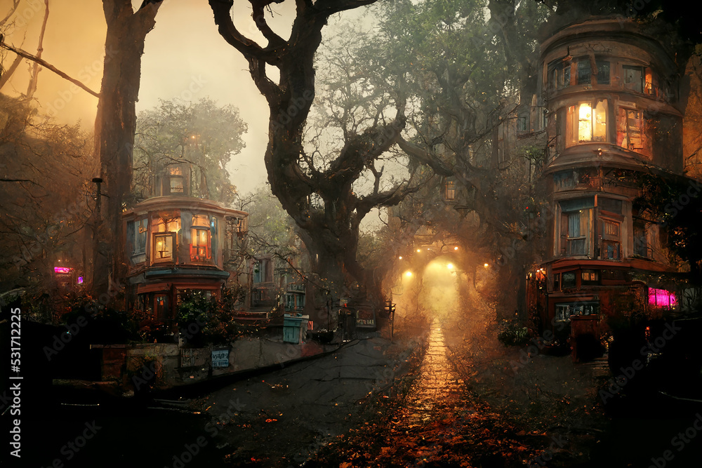 Ilustração Spooky Empty Alley of Mystical Autumn Old Town 3D Art ...