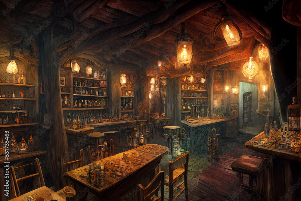 Warm lit friendly medieval fantasy tavern inn, lanterns, concept art ... Warm lit friendly medieval fantasy tavern inn, lanterns, concept art ...