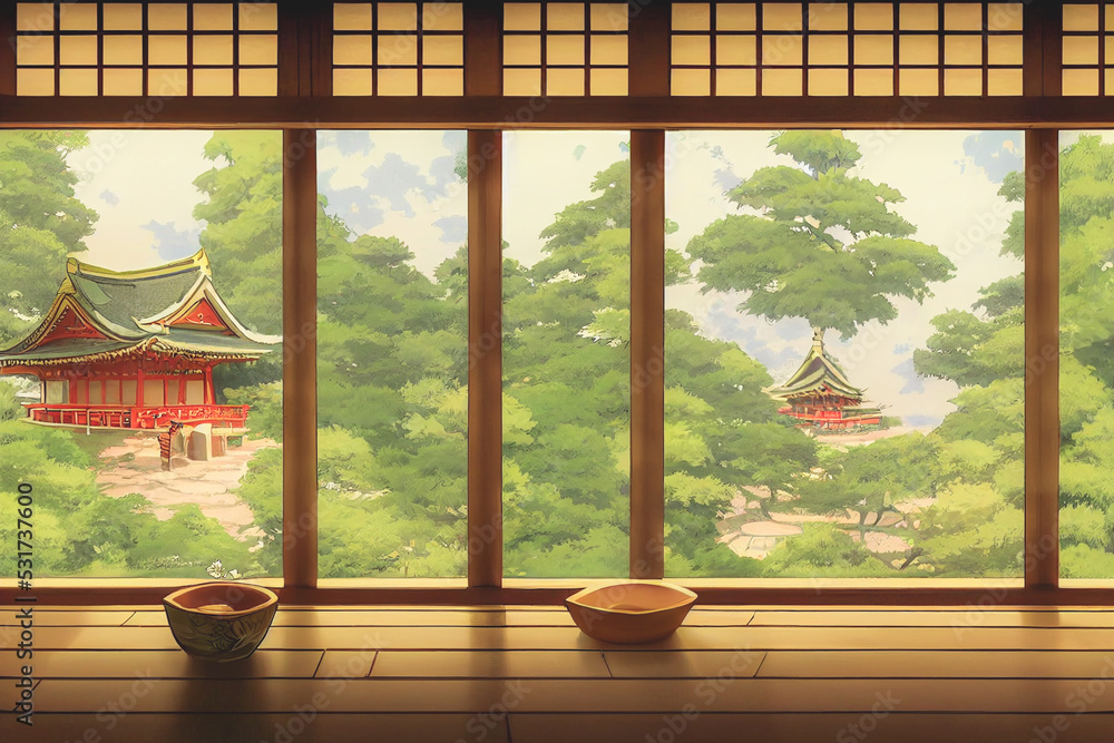 Fantasy japanese shrine with windows view torii outside. 3d render ...