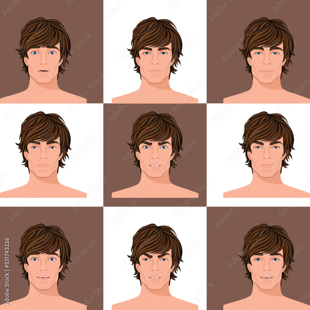 Young dark hair man emotions range of angry puzzled surprised alert and ...