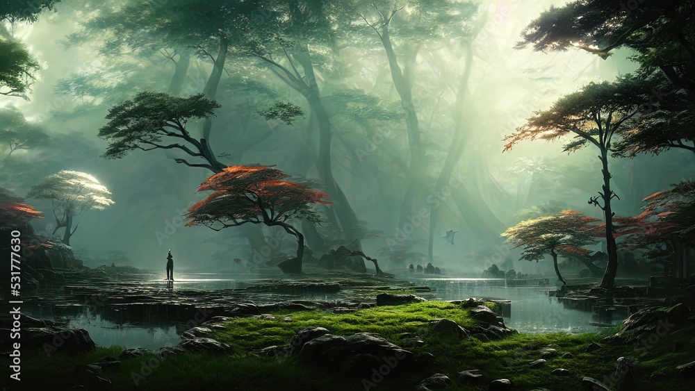 Dark Japanese garden with big old trees, Japanese forest, park. Fantasy ...