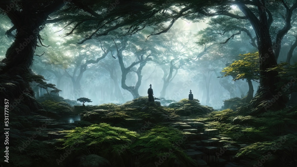 Dark Japanese garden with big old trees, Japanese forest, park. Fantasy ...
