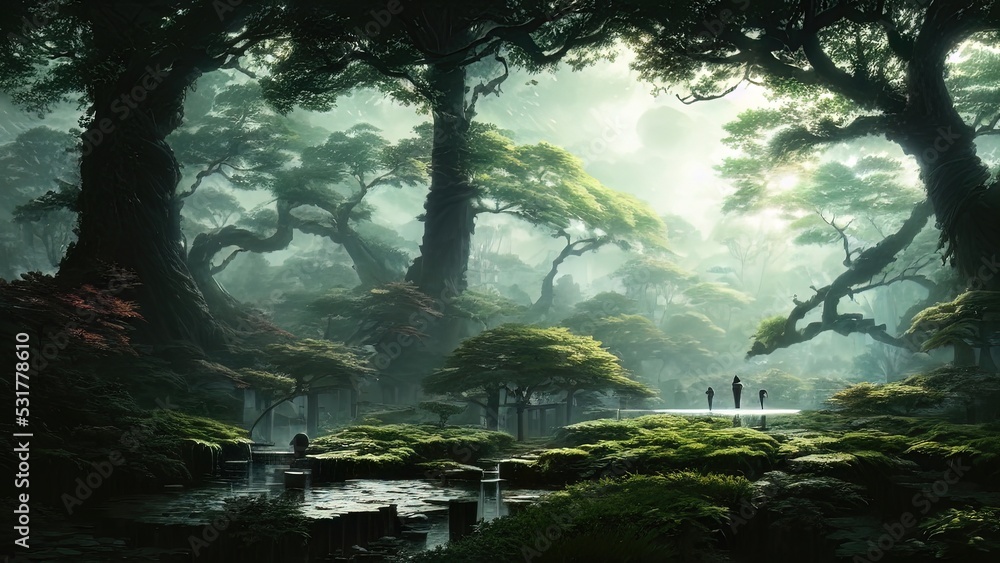 Dark Japanese garden with big old trees, Japanese forest, park. Fantasy ...