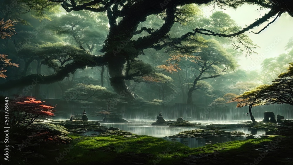 Dark Japanese garden with big old trees, Japanese forest, park. Fantasy ...