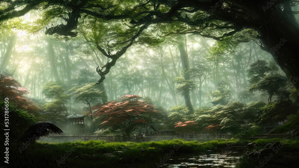 Dark Japanese garden with big old trees, Japanese forest, park. Fantasy ...