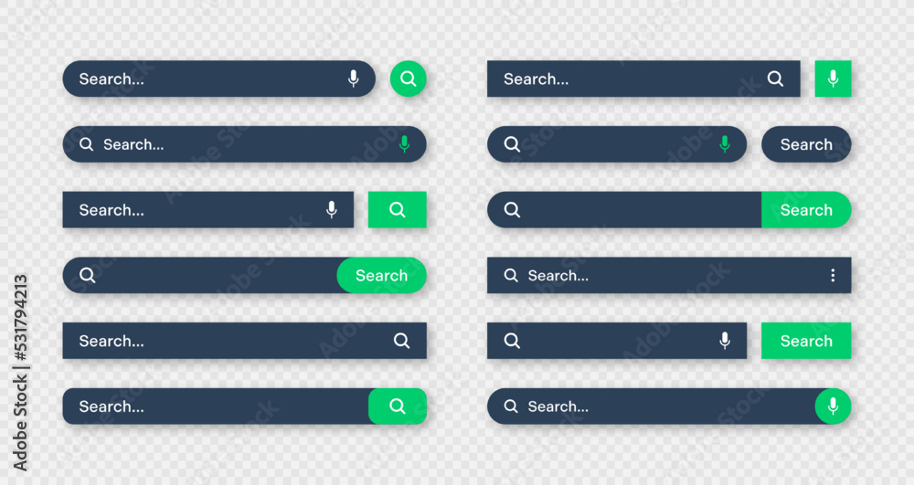 Various search bar templates, dark mode. Internet browser engine with ...