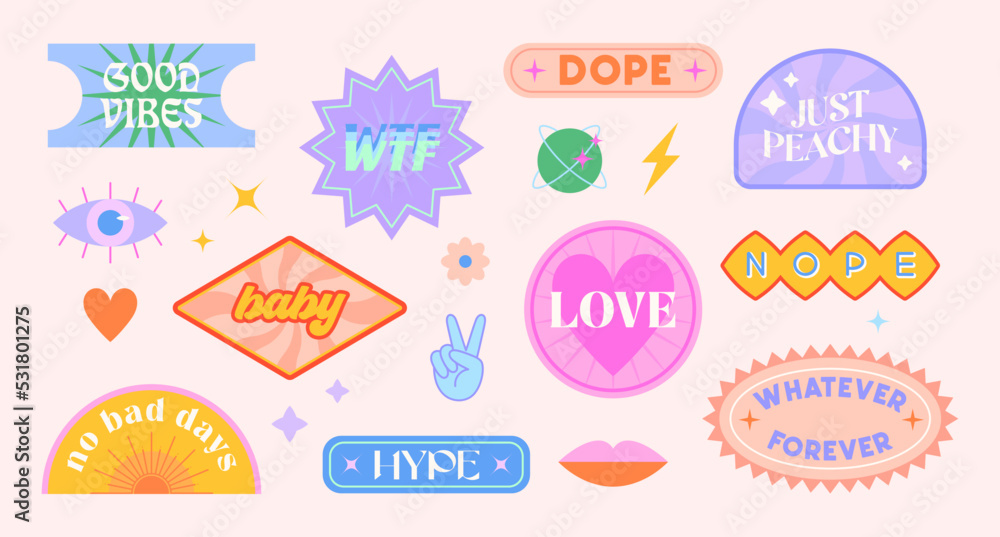 Stock-Vektorgrafik „Vector set of cute funny patches and stickers in ...