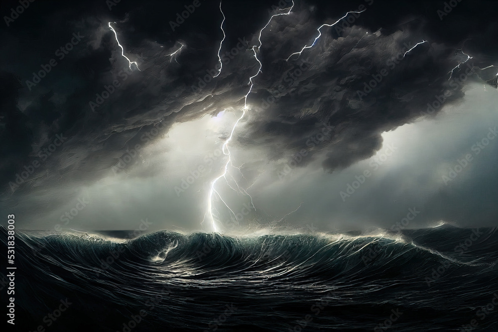 Bright lightning in a raging sea. A strong storm in the ocean. Big ...