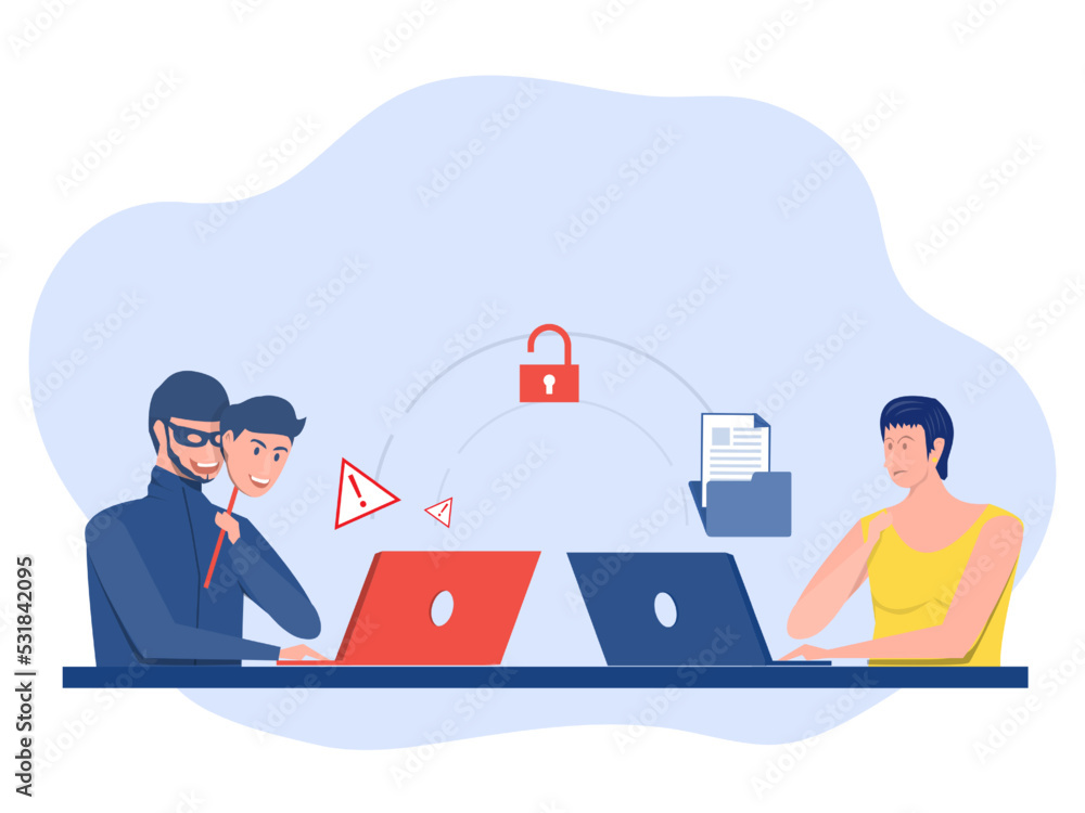 Criminal hacker holding friends mask for hacking on notebook laptop ...