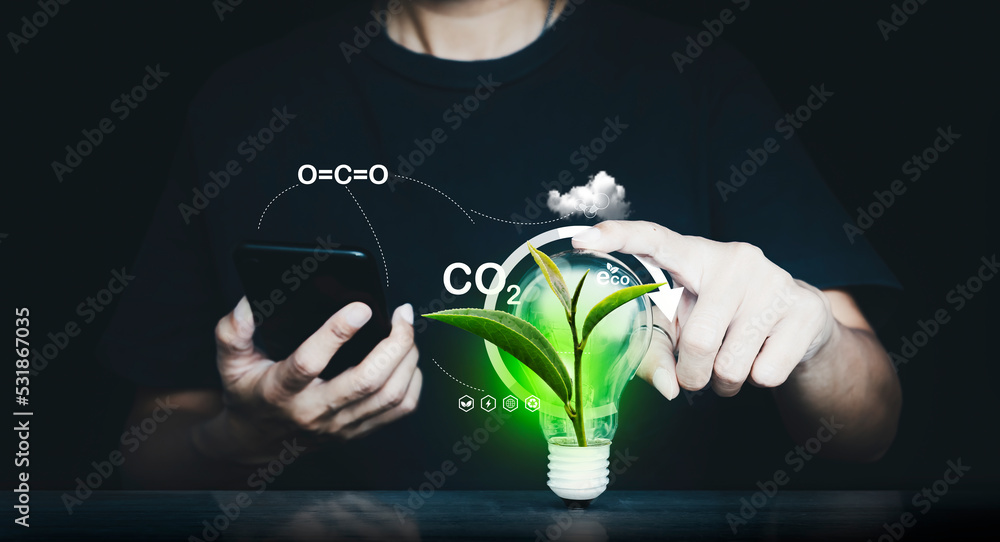 Reduce CO2 emissions and carbon footprint to limit global warming and climate change background ...