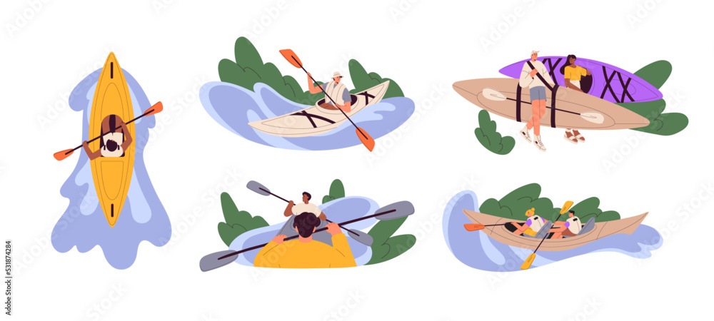Kayaking sport set. People in boats rowing with paddle. Kayakers men ...
