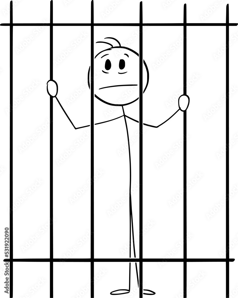 Prisoner Behind or Jail Bars, Vector Cartoon Stick Figure Illustration ...