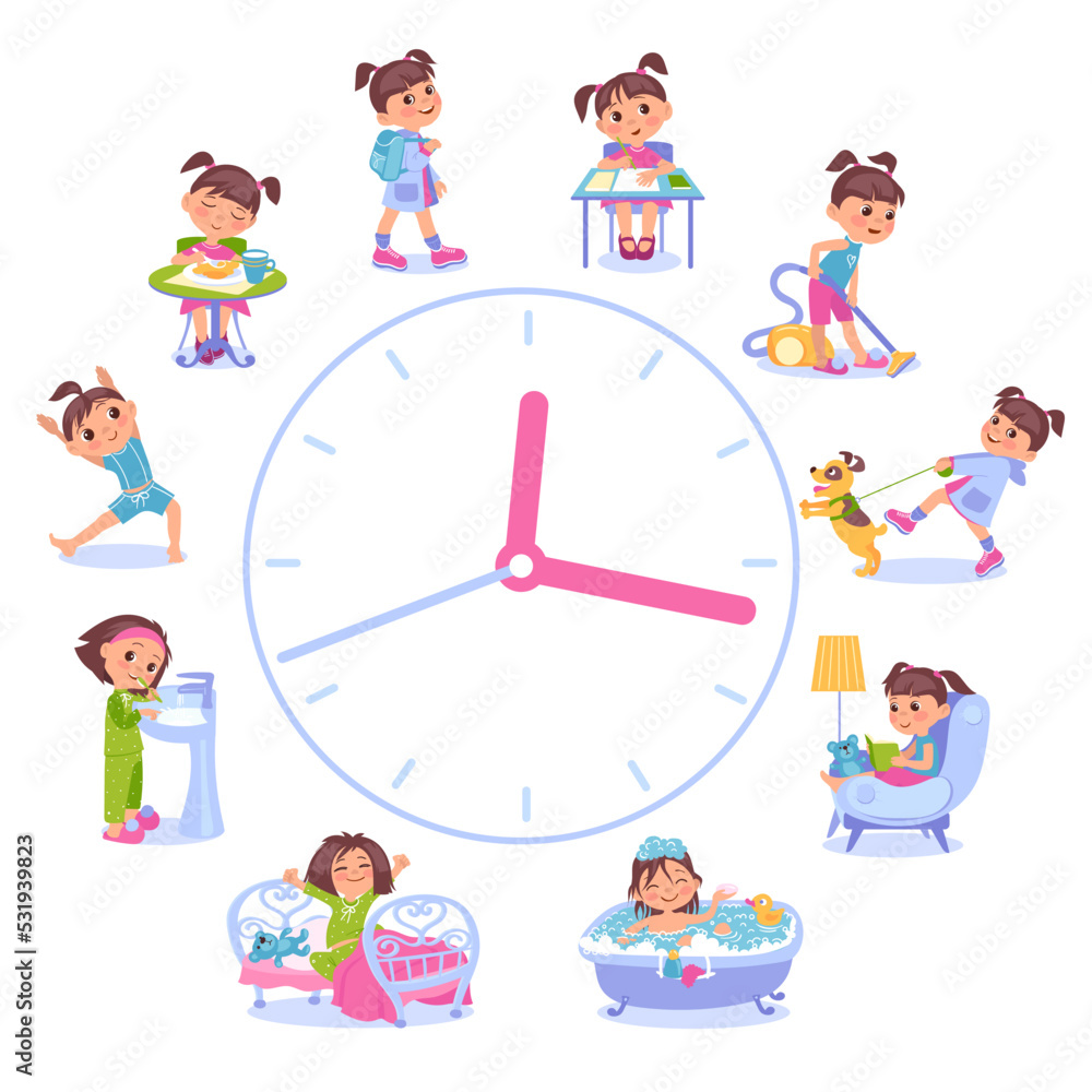Girls daily routine. Dial clock with different activities scenes ...