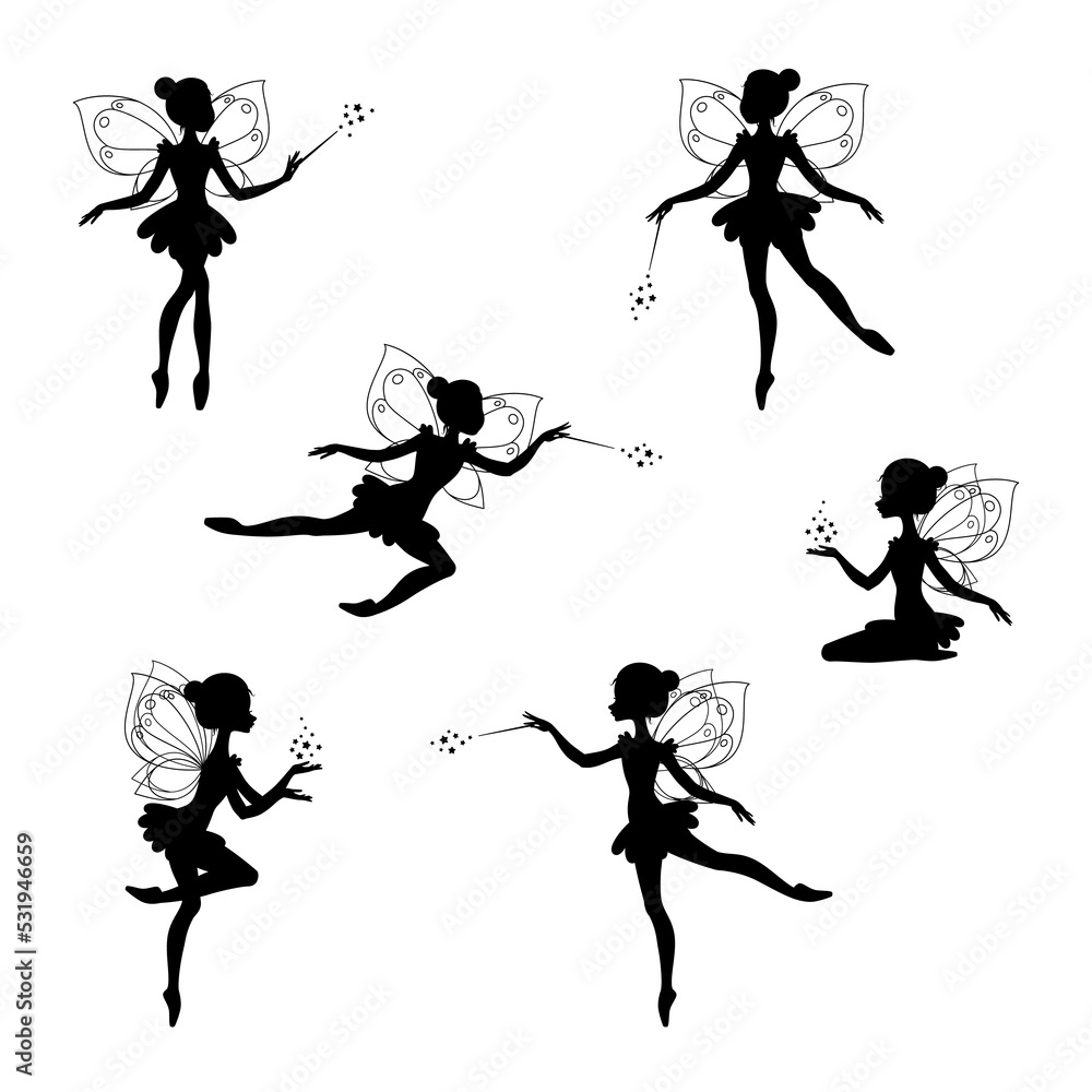Set of pixie silhouettes. Illustrations of winged fairies in the ...