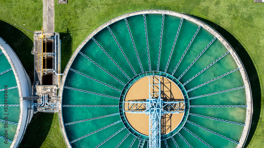Aerial top view wastewate water treatment plant, Purification tanks of ...
