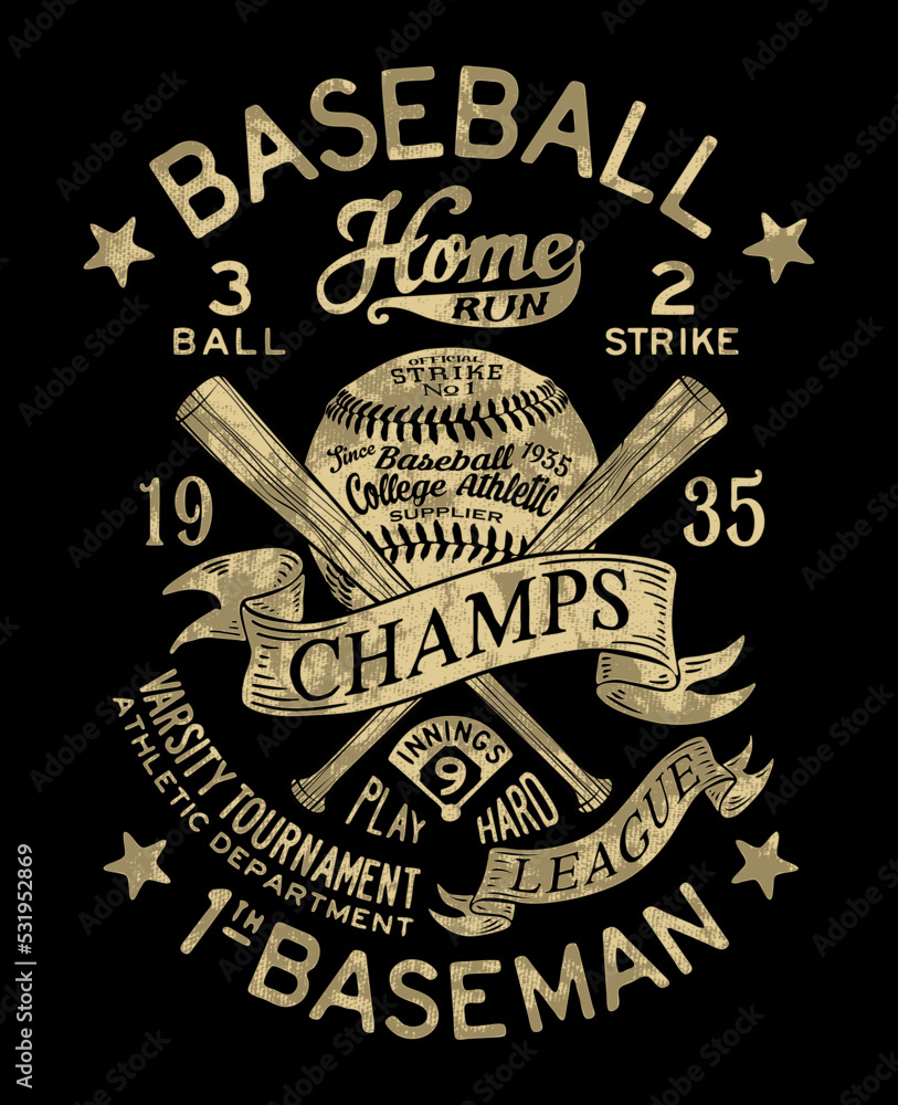 Vintage baseball tournament champs vector artwork for boy sport wear ...