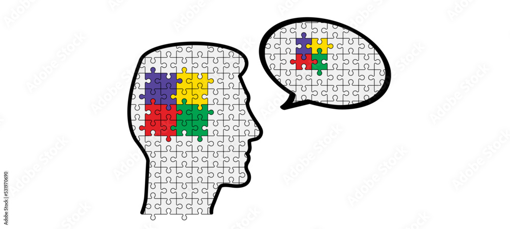 Head, face and jigsaw puzzle pieces. Cartoon autism ribbon. Vector ...