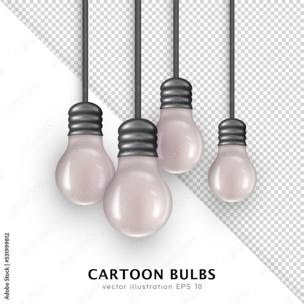 Front view of 3D realistic hanging on a wire Edison bulbs isolated on ...