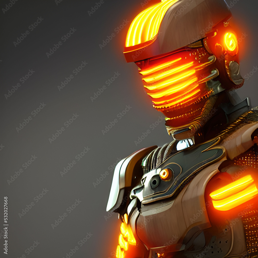 The high-tech cyberpunk robot is standing in the middle of the room ...