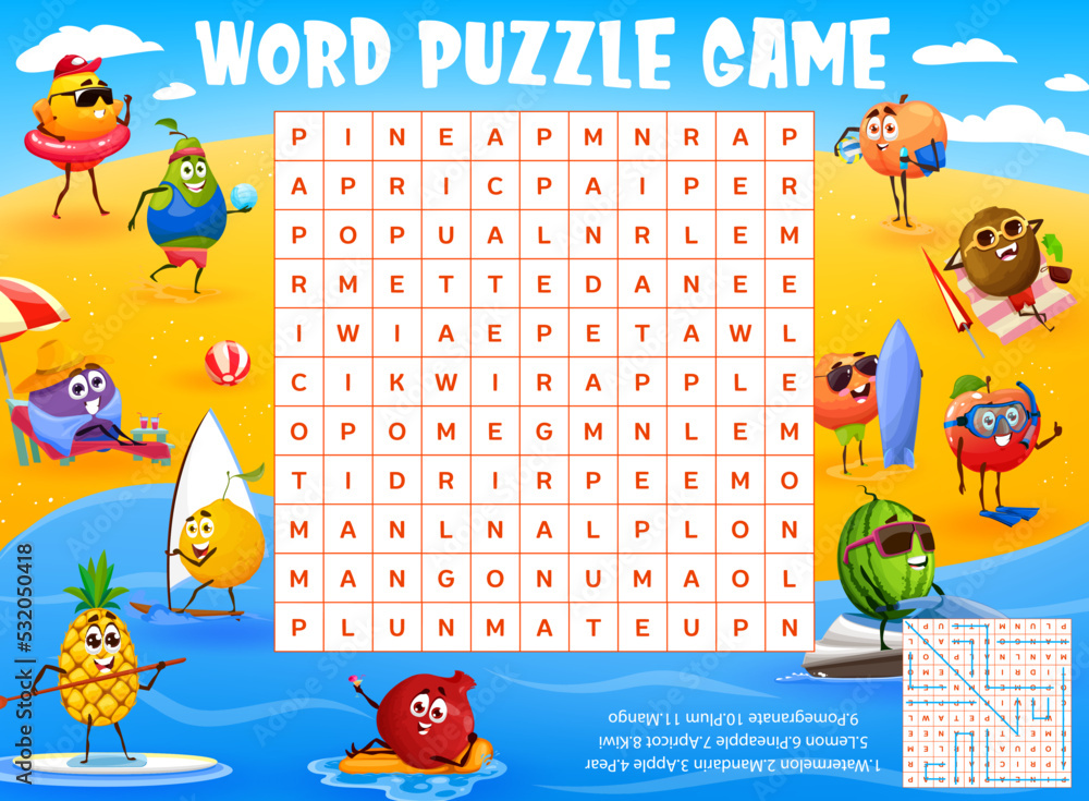 Cartoon fruits characters on summer beach vacation vector word search ...