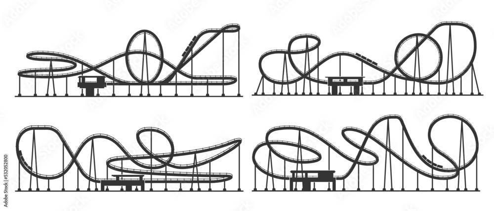 Roller coaster loop, rollercoaster silhouette of amusement park ride ...