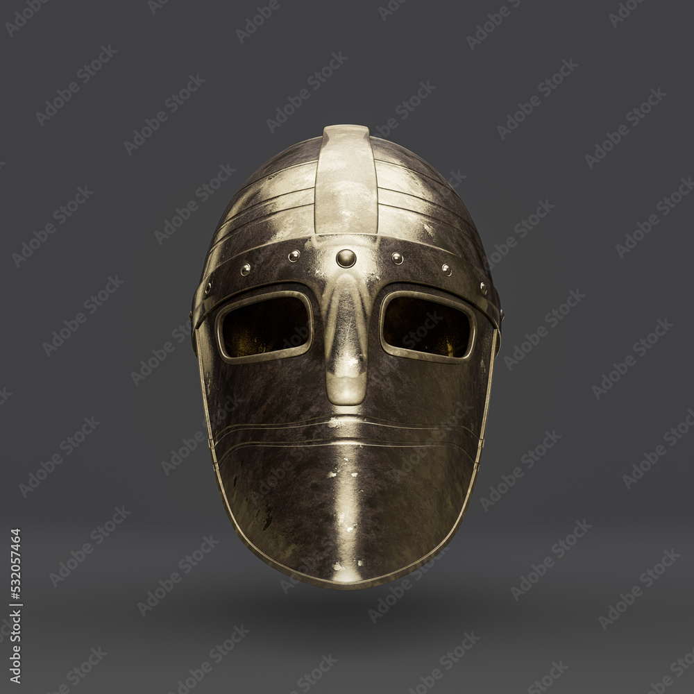 Old brass medieval knight helmet. From front view ancient warrior armor ...