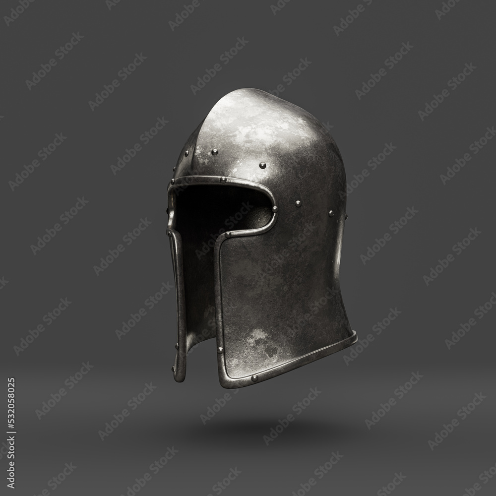 Used steel warrior helmet. Isolated crash helmet of a medieval knight ...