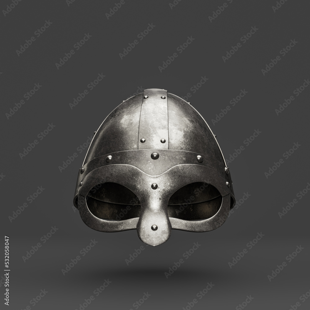 Used steel warrior helmet. Isolated crash helmet of a medieval knight ...