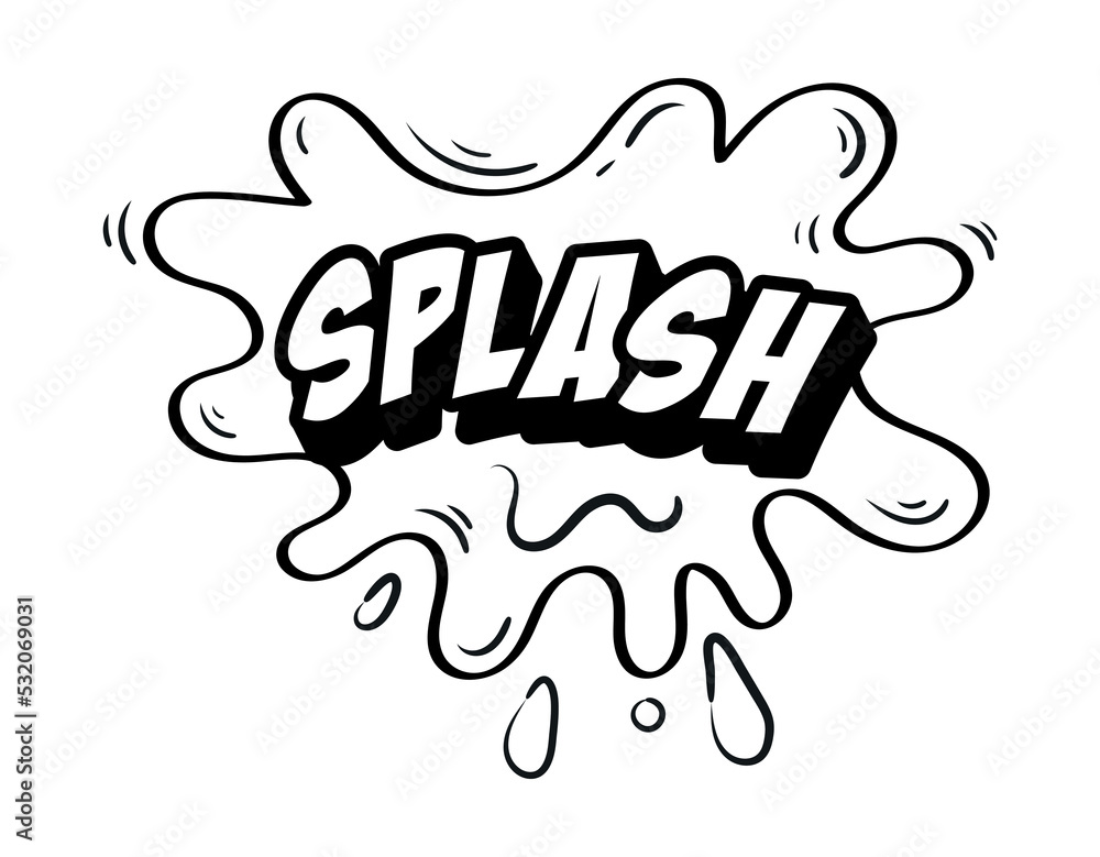 Retro explosion for comics. Abstract liquid onomatopoeic shape with drops and inscription splash ...