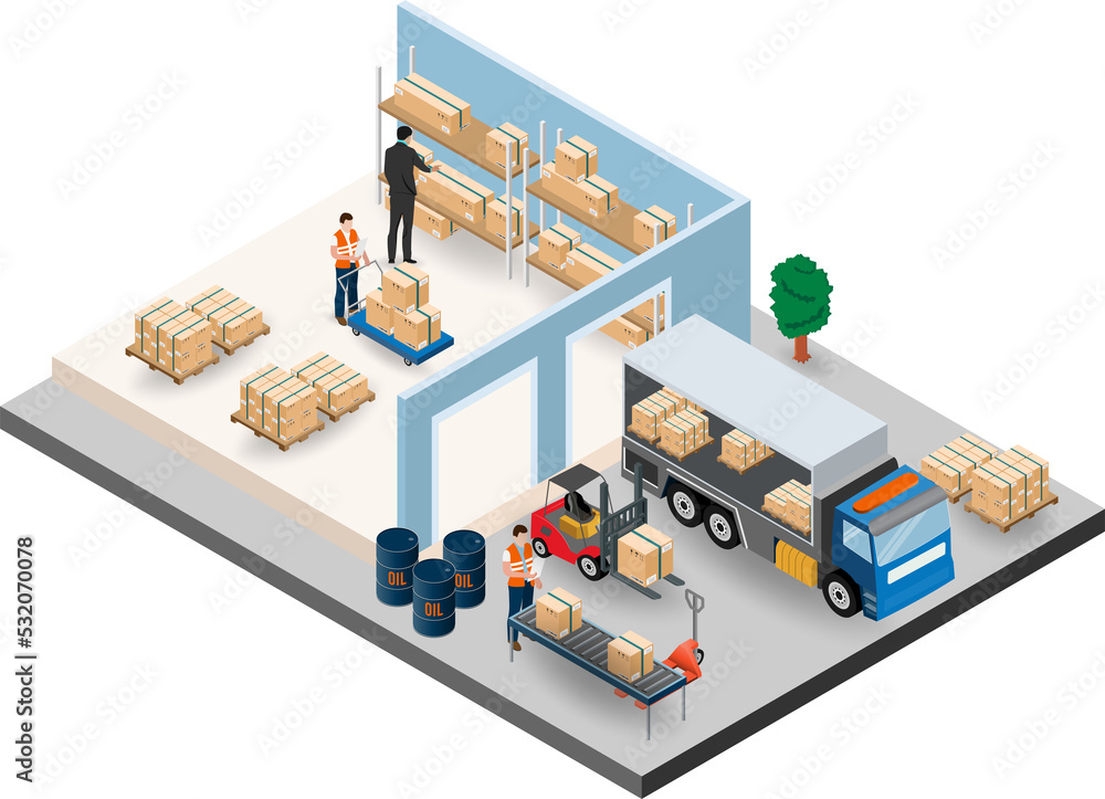 3D isometric concept of Warehouse Logistic with Workers loading ...