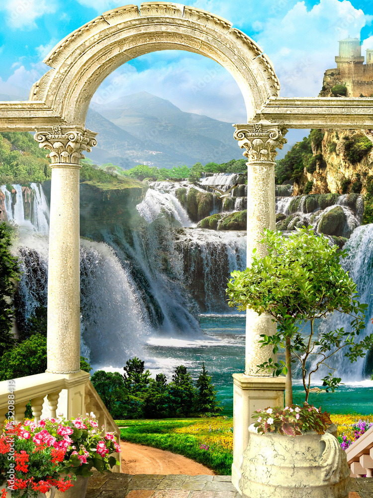 Digital illustration, Beautiful mountain waterfall. A terrace with ...