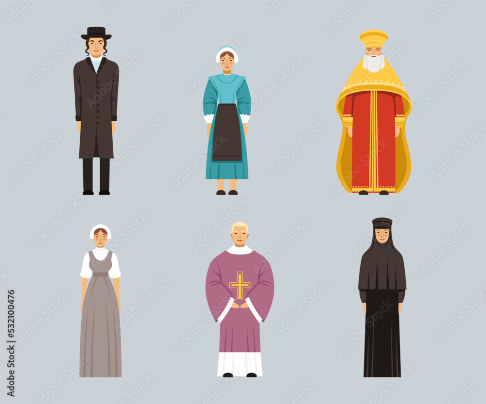 Representatives of religious confession set. Jewish Rabbi, Mennonite ...