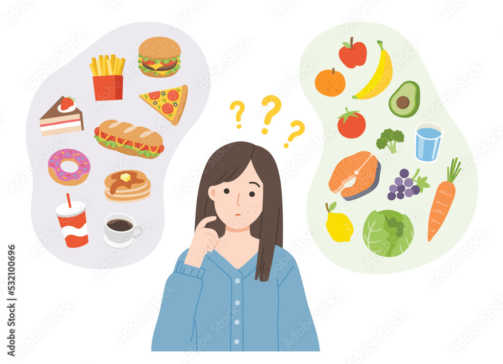 Young women choosing between healthy and unhealthy food. Fastfood vs ...